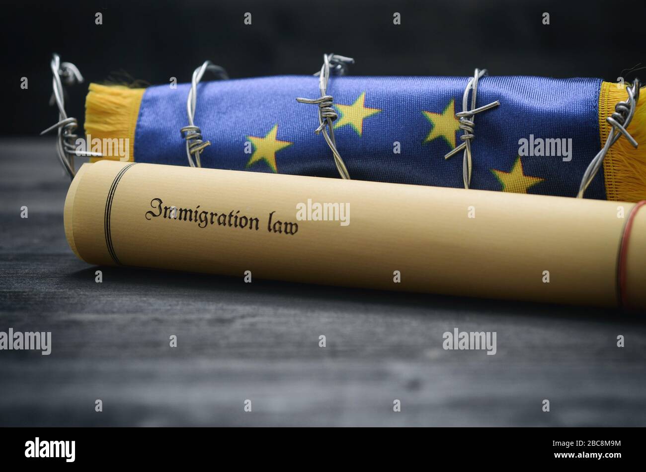 European Union flag, barbed wire and Immigration Law on black wooden ...