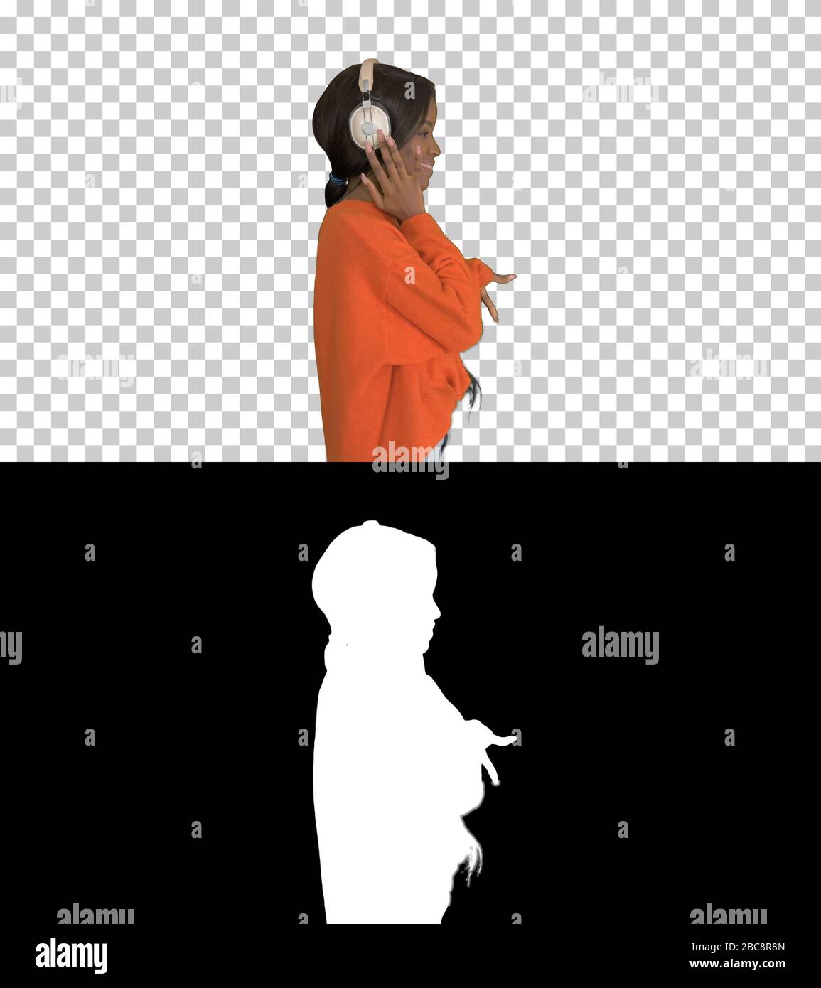 On Alpha Matte. Medium shot. Side view. Happy african woman wear ...