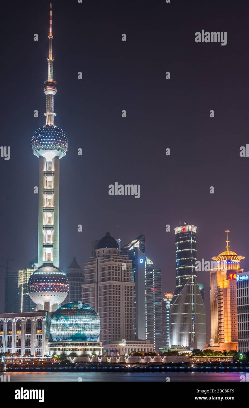 Shanghai, Pudong, Lujiazui, China - May 4, 2010: Night skyline portrait ...