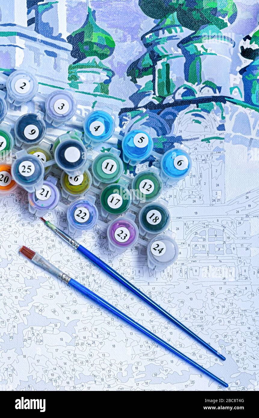 Numbered containers with paints and brushes. Drawing by numbers. Flat ...