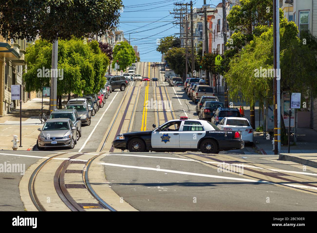 San Francisco, California, USA- 07 June 2015: Police car on the steep ...