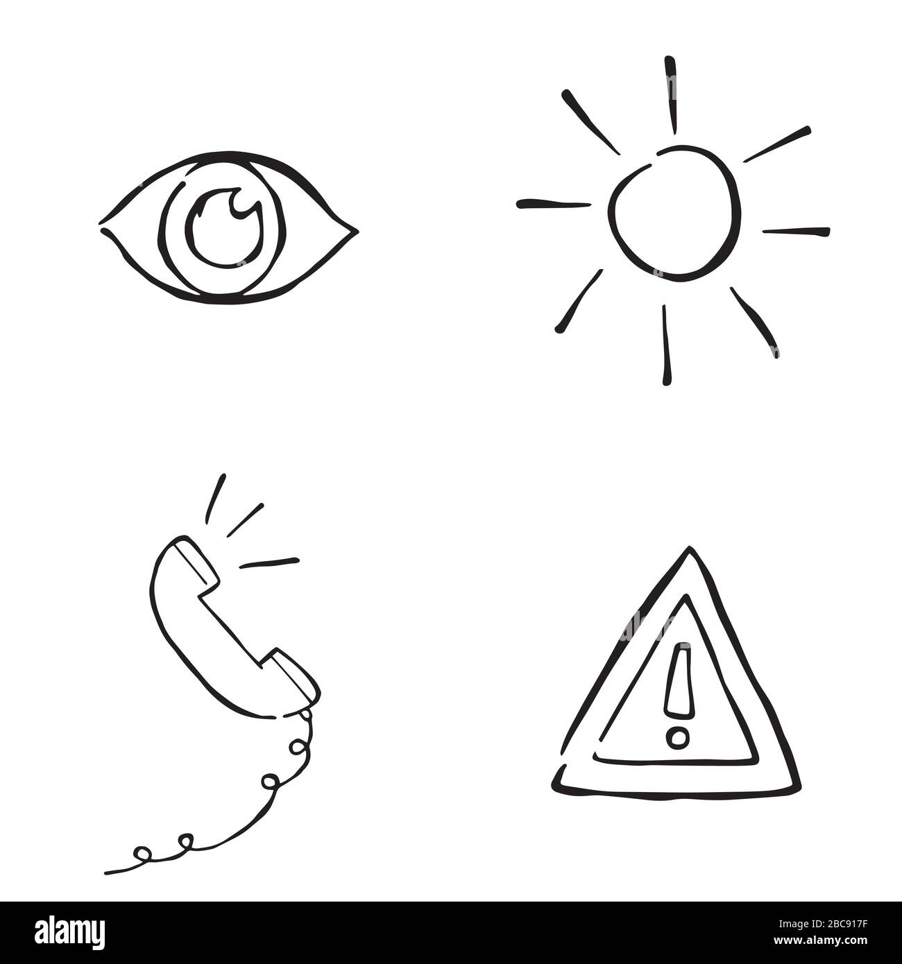 Hand drawn doodle icon objects. Eye, sun, calling phone and danger ...