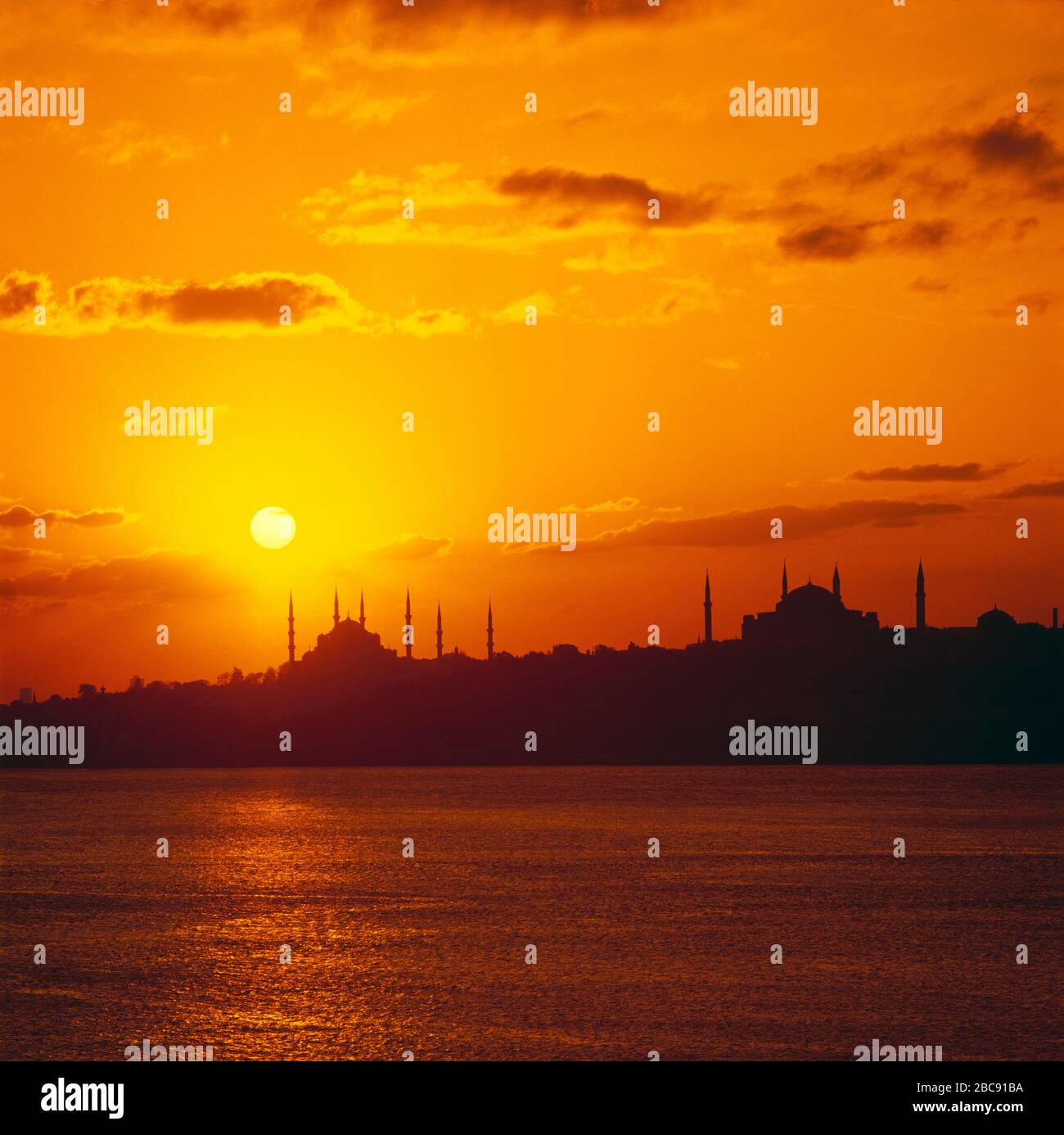 Blue Mosque and Hagia Sophia at sunset. Istanbul, Turkey Stock Photo ...