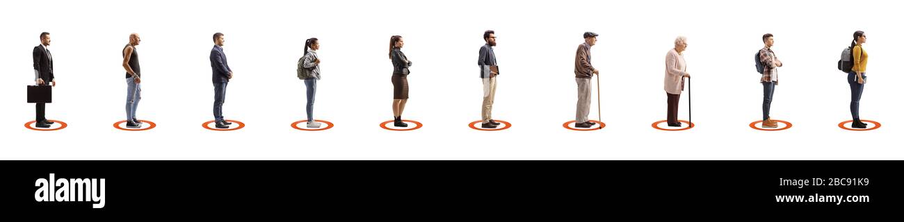 People waiting in line and standing inside circles drawn representing ...