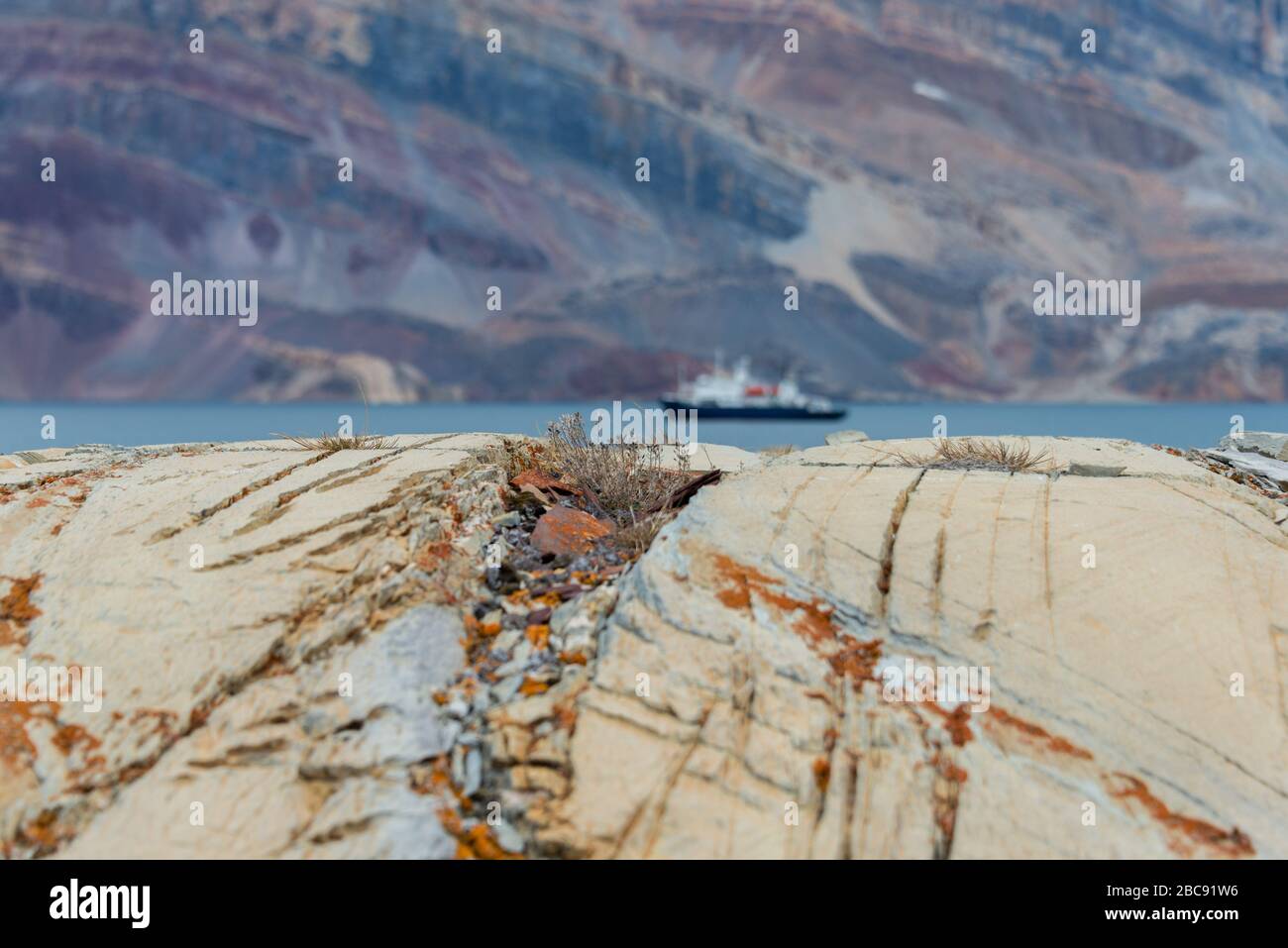 Greenland landscape with beautiful coloured rocks. View to expedition ...