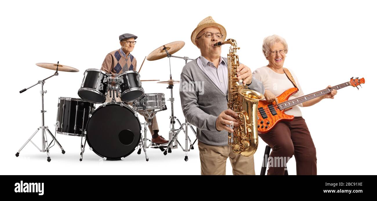Seniors playing in a band on drums, guitar and a sax isolated on white ...