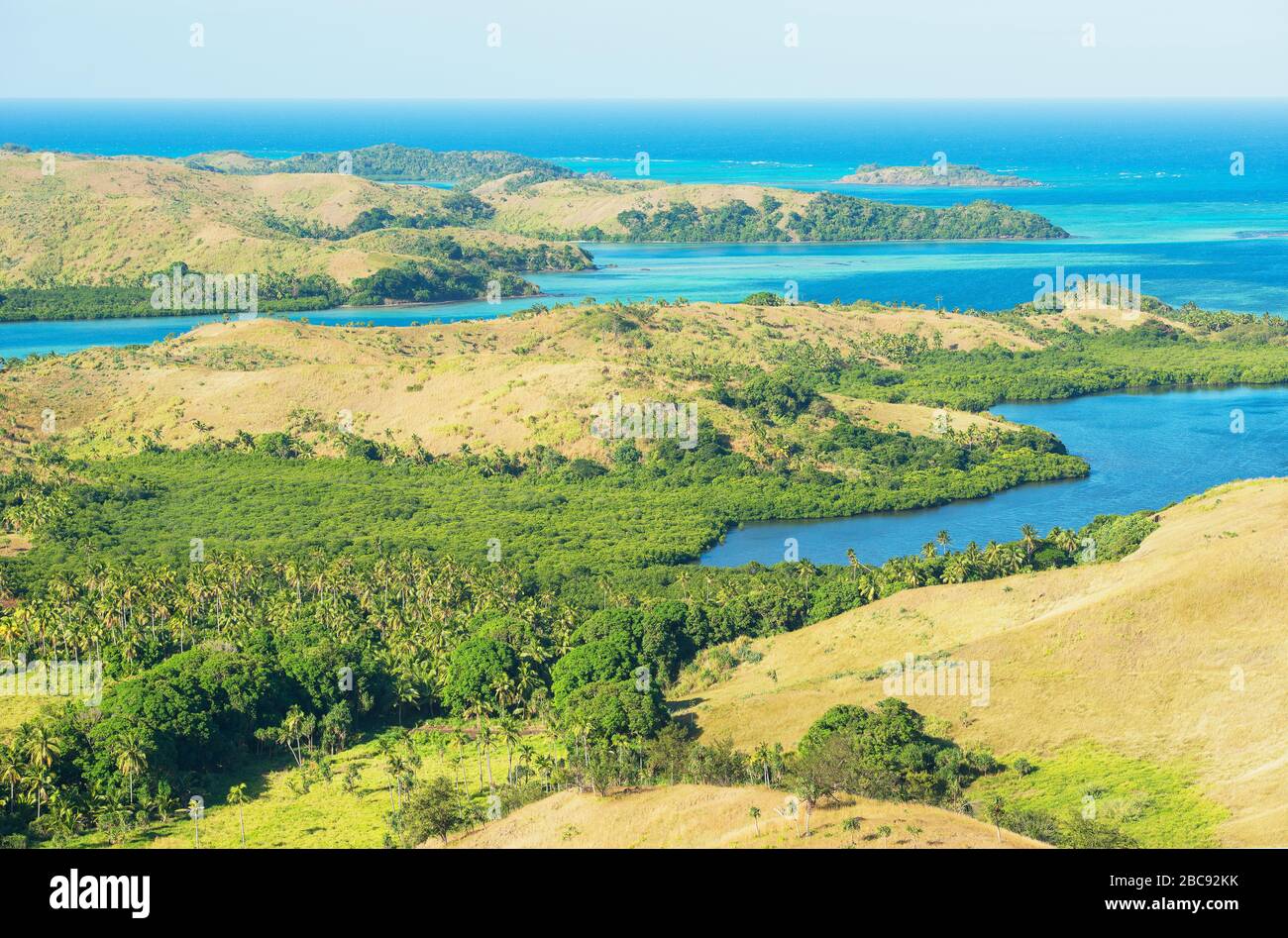 Top view of Nacula island, Yasawa island group, Fiji, South Pacific ...