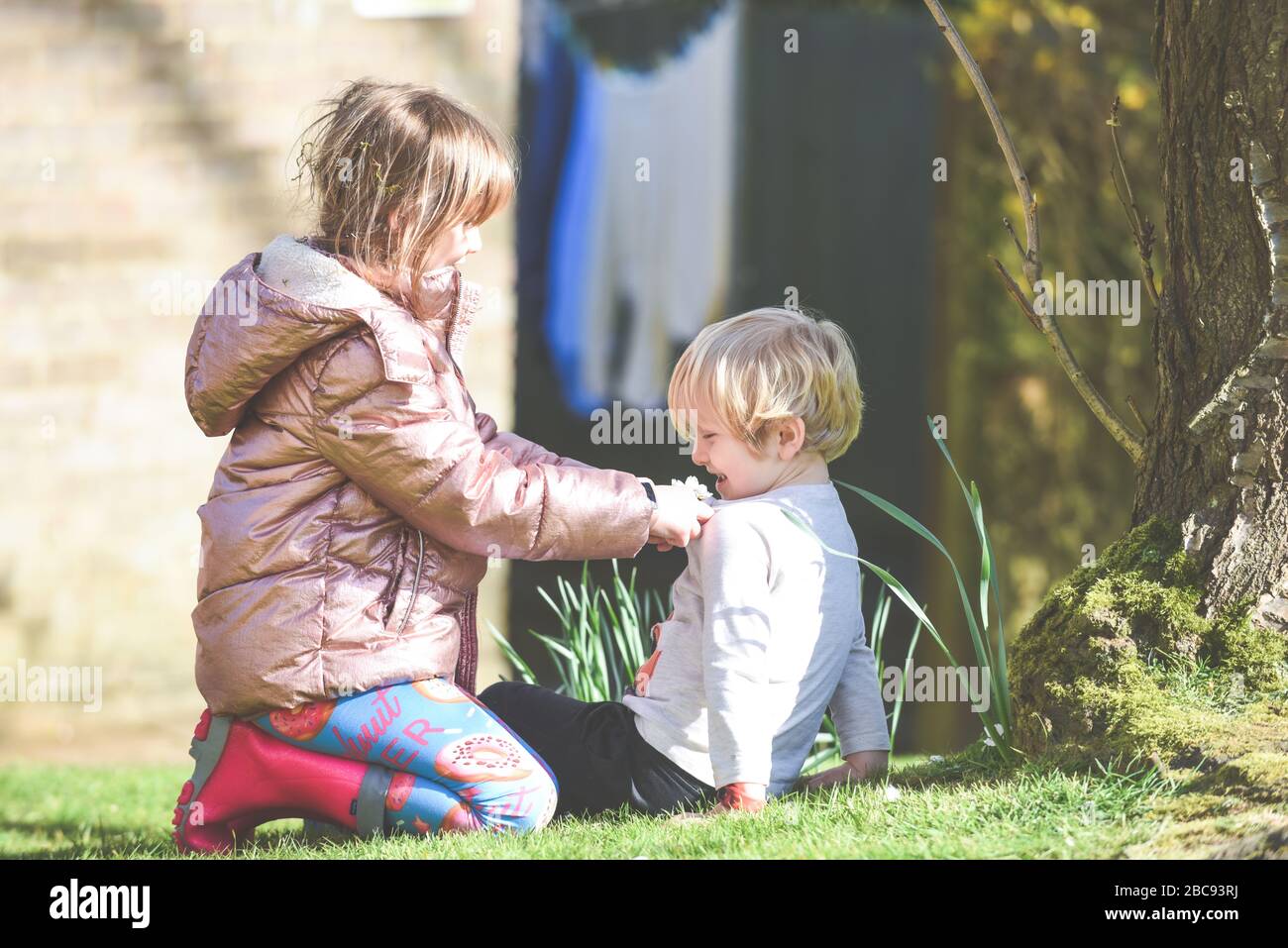 Siblings play together in garden hi-res stock photography and images ...