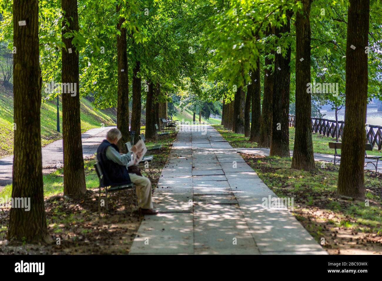 Man reading newspaper in riverside Park, Po River, Turin, Piedmont ...