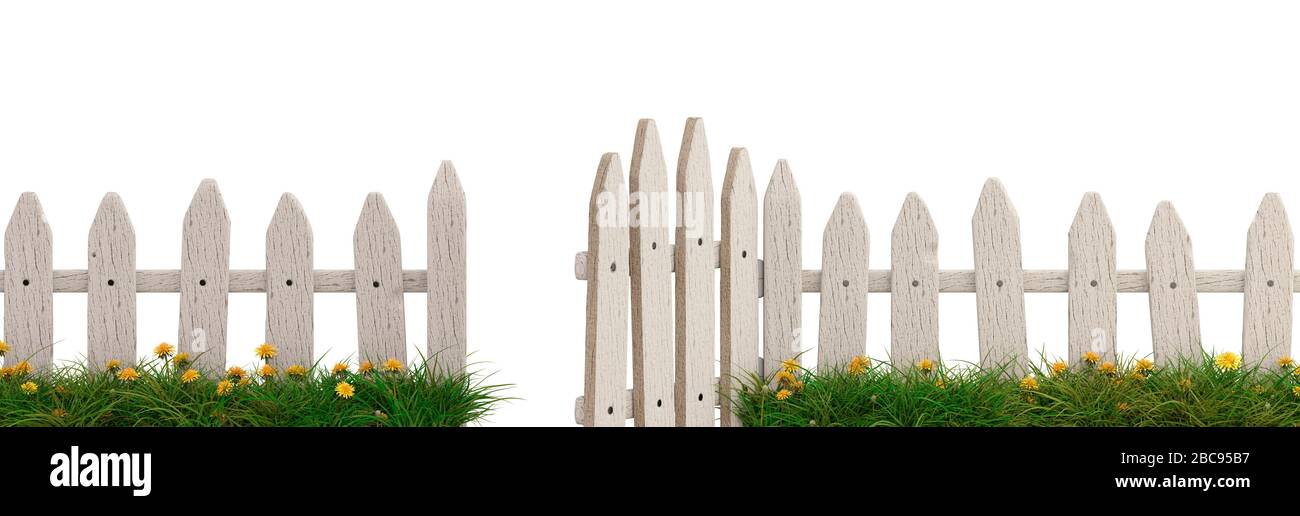 Old wooden fence with open gate isolated on a white background. 3D ...