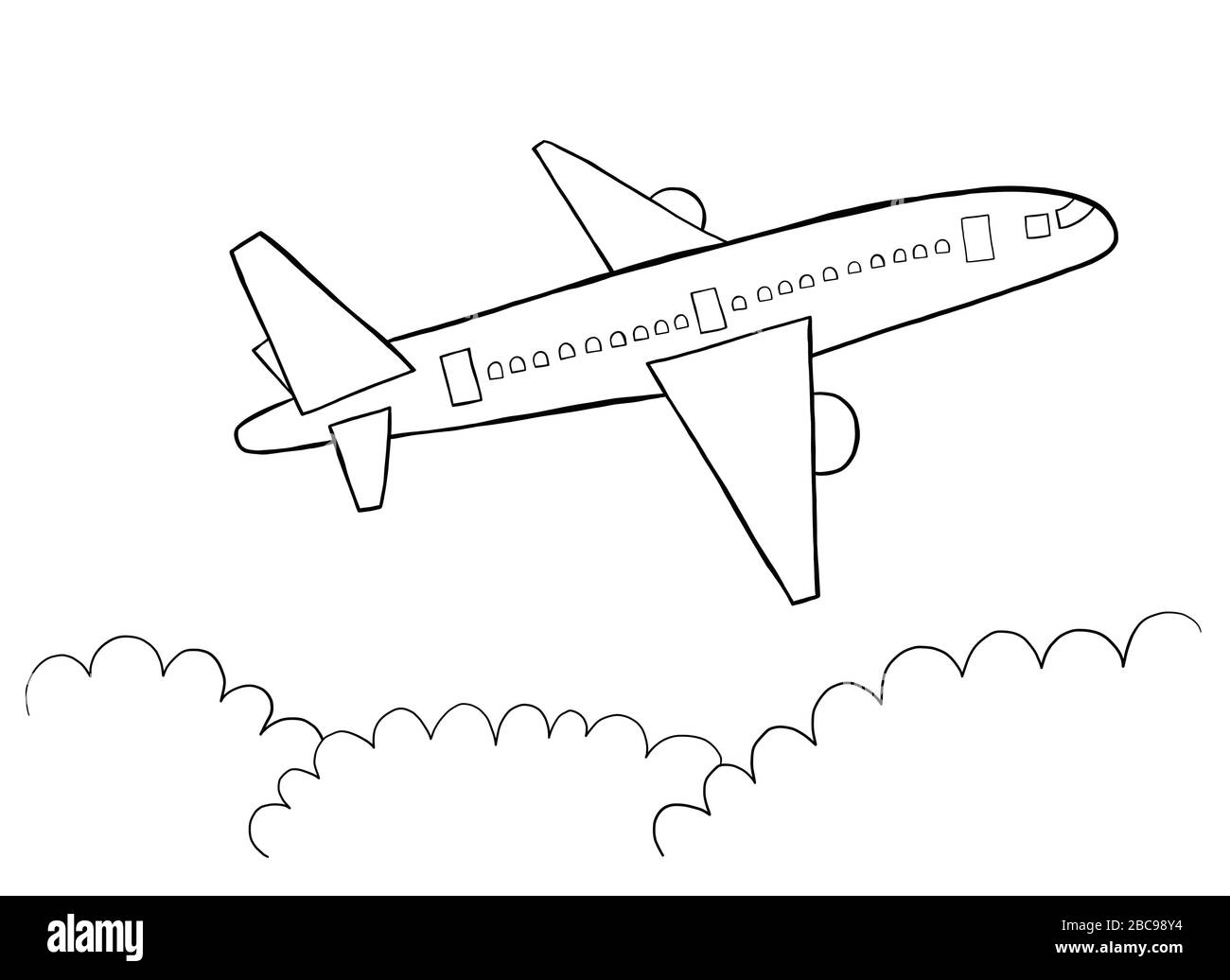 Vector hand drawn illustration of flying airplane. Black outlines and ...