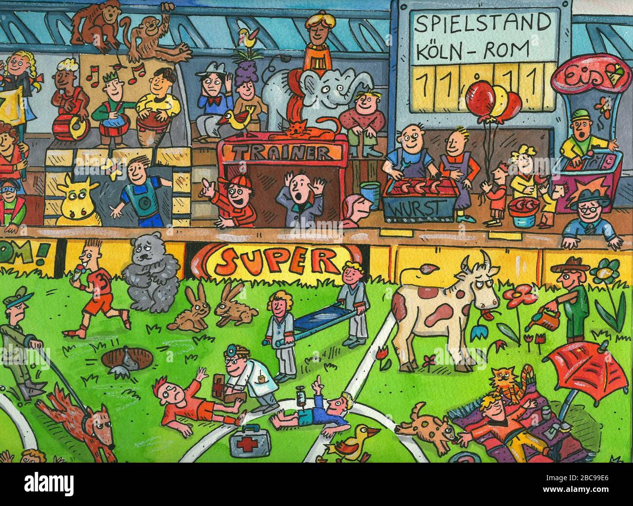 A wild soccer game with funny scenes, hidden object Stock Photo - Alamy