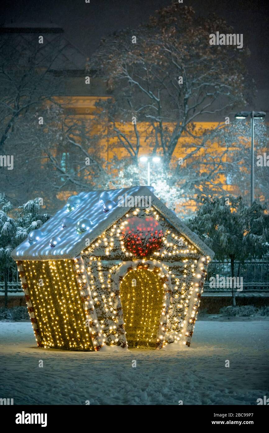decorative christmas house in snow on Novi Sad streets Stock Photo - Alamy