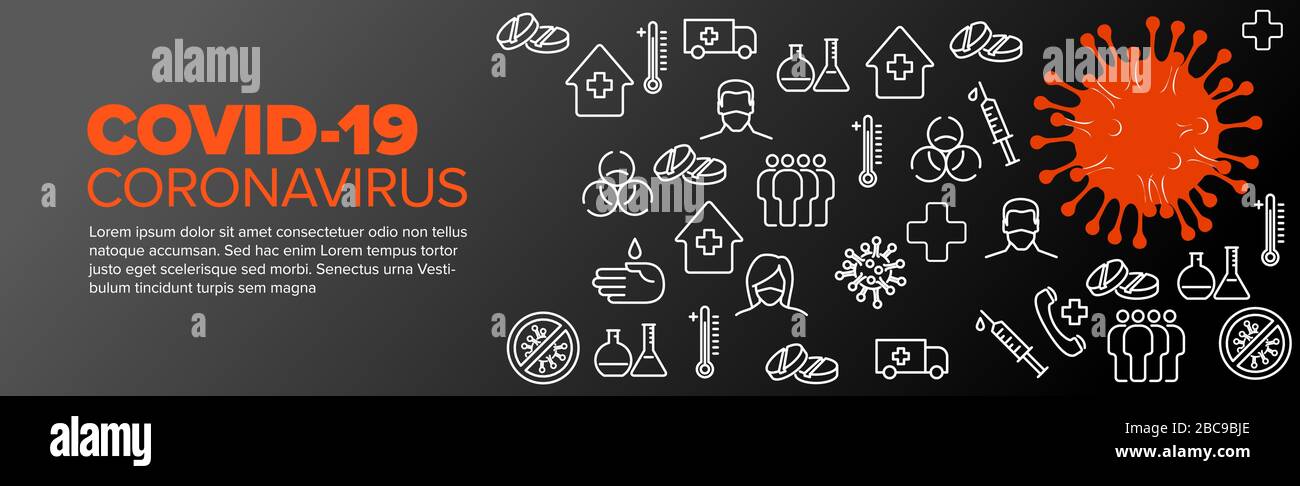 Vector banner header template with coronavirus illustration, icons and ...