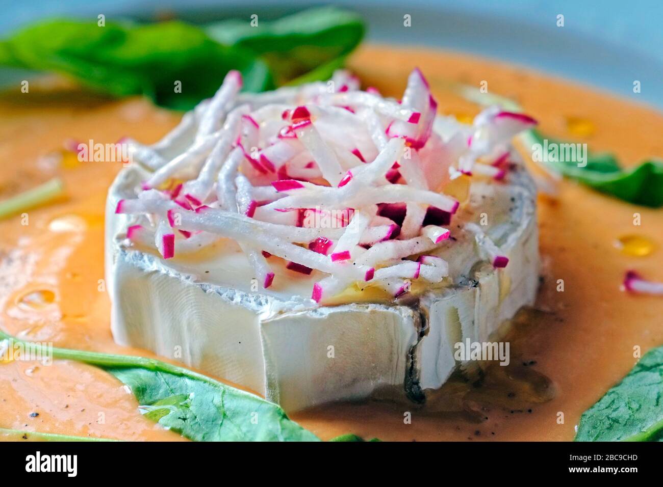 Goat Bouchee Cheese with chopped radish over tomato emulsion cream ...