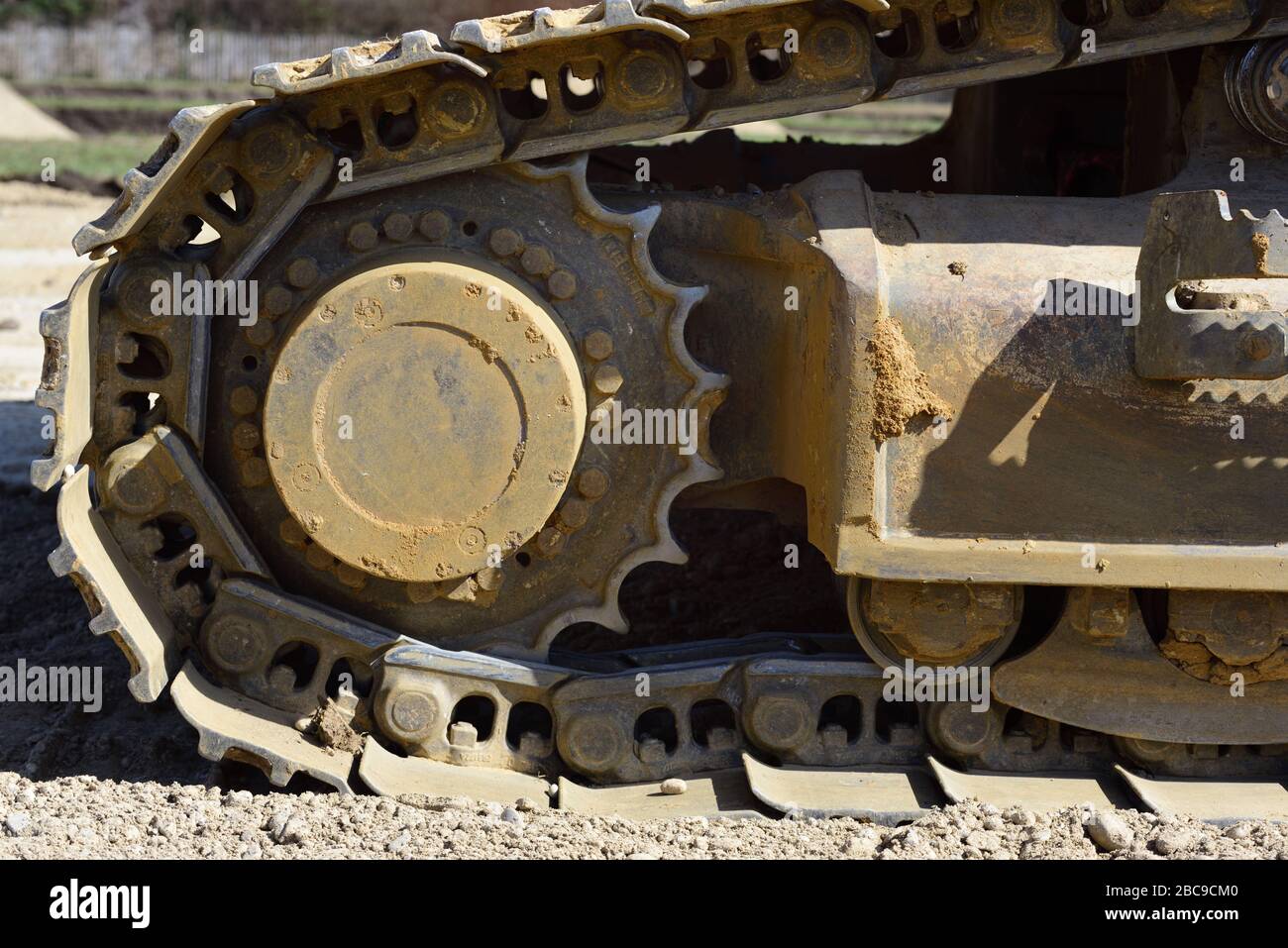 Detail and close-up of the metal wheels and the wheel chain of an ...