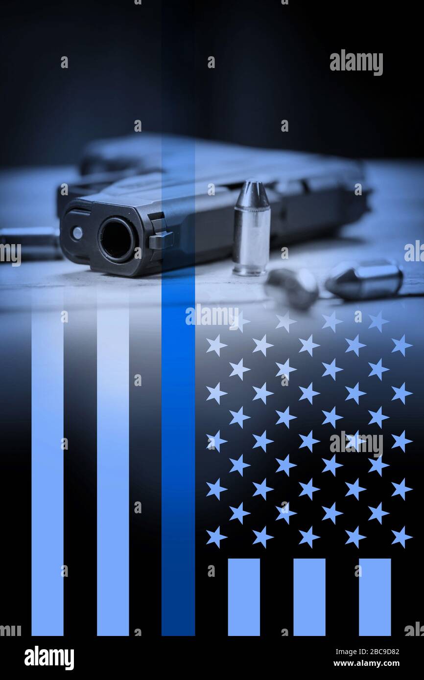 A police flag background with gun and bullets background Stock Photo ...