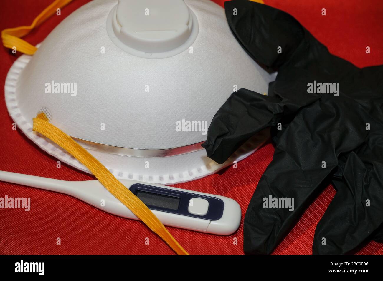 Medical protective virus mask ffp2,plastic gloves and fever thermometer ...