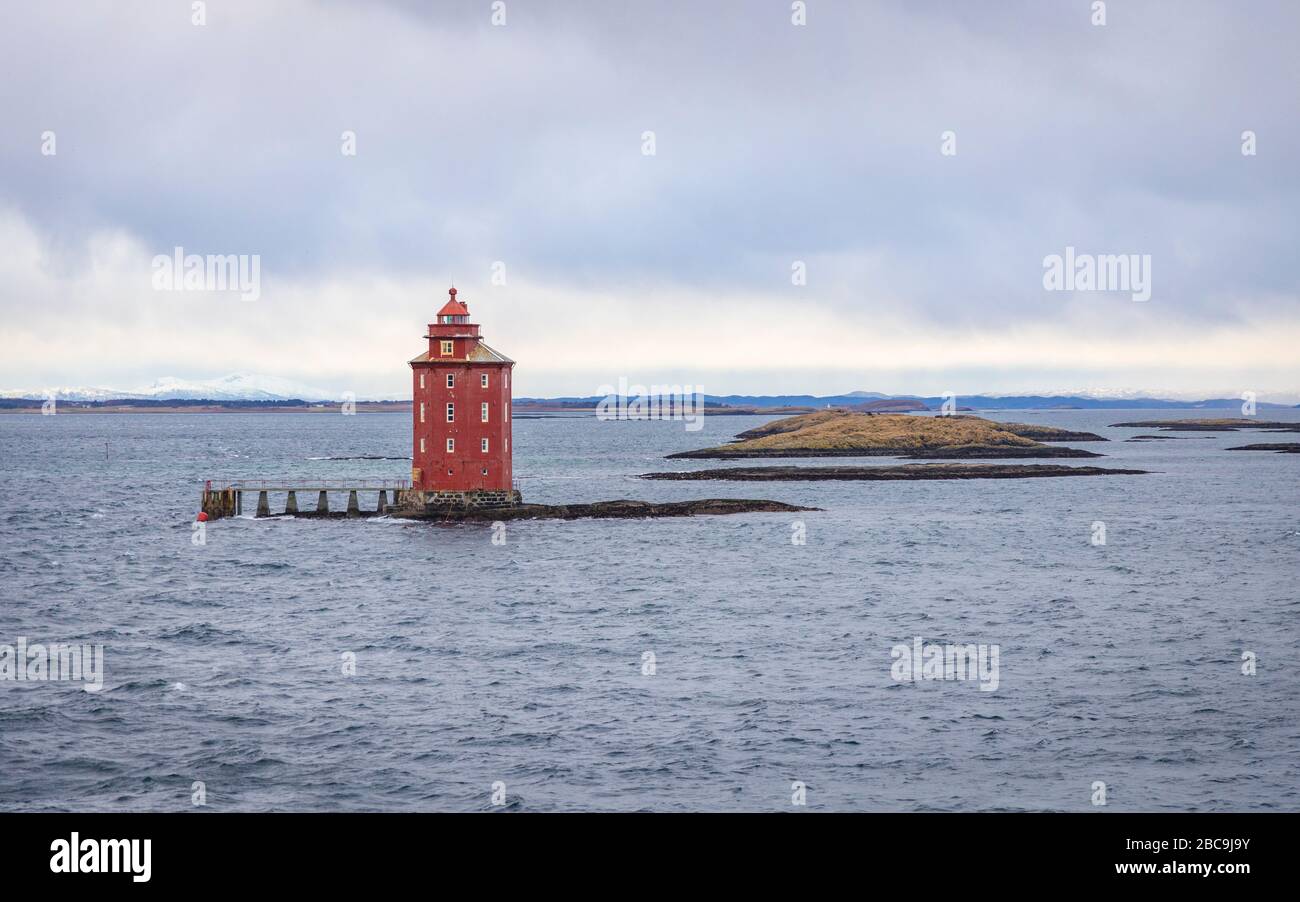 Very old octagon lighthouse Kjeungskjær Fyr in the Norwegian Sea Stock ...