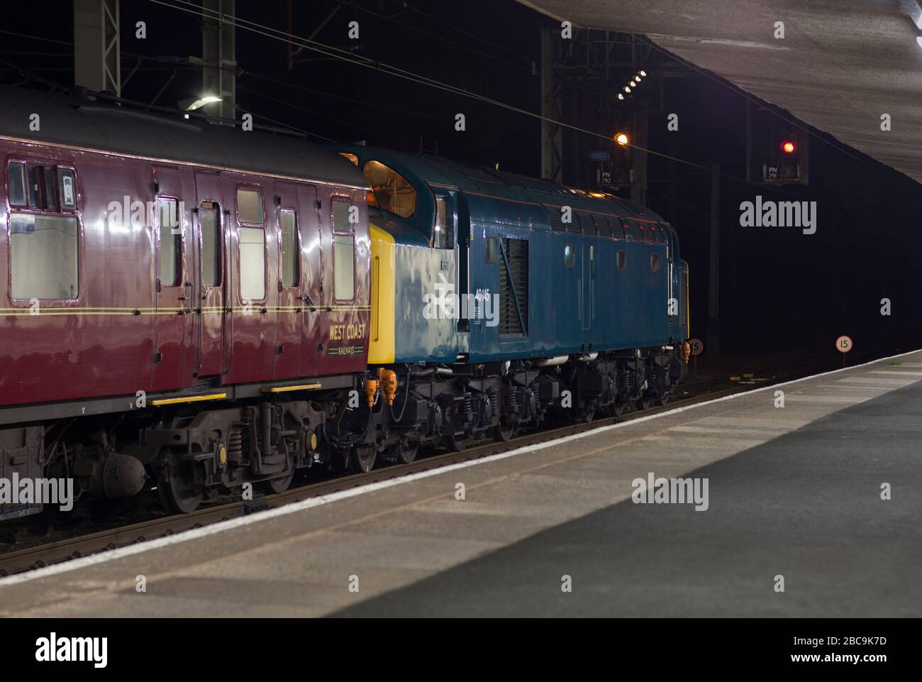 Preserved class 40 locomotive 40145 on a mainline railtour at Carnforth ...