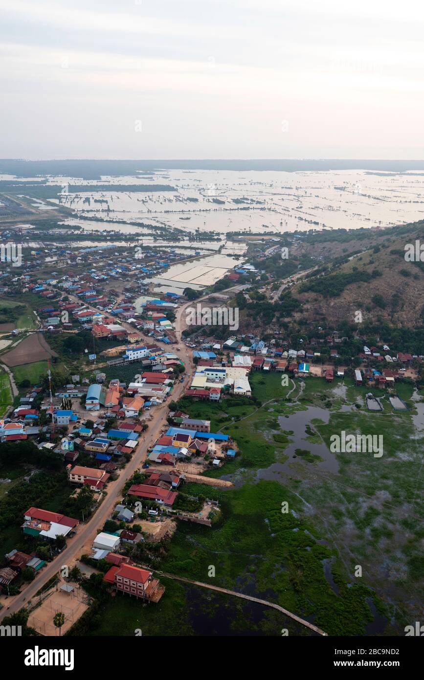 Aerial view of the village of Phnom Krom, south of Siem Reap, Cambodia ...