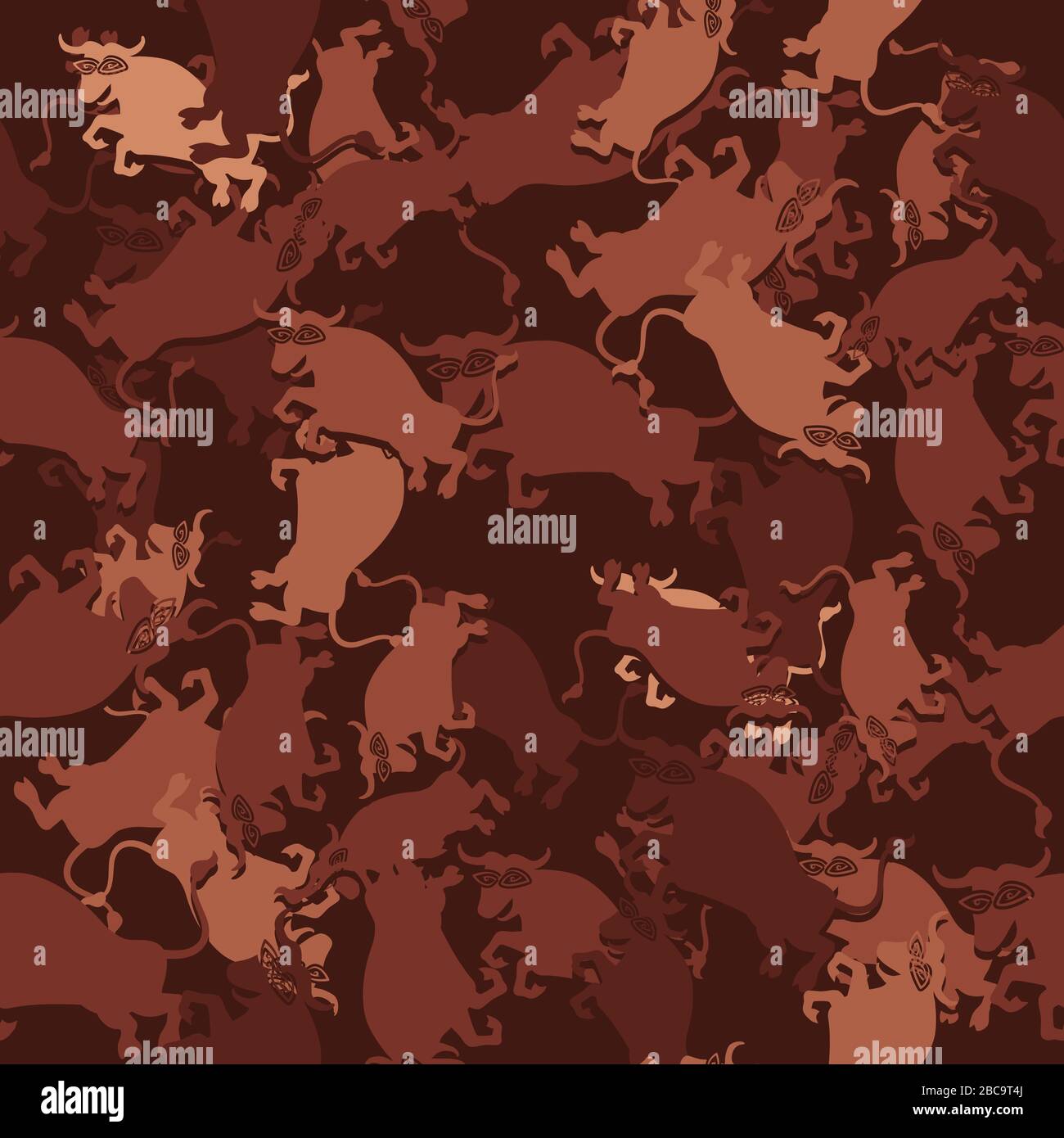 Seamless cartoon bull silhouette pattern on a brown and red background ...