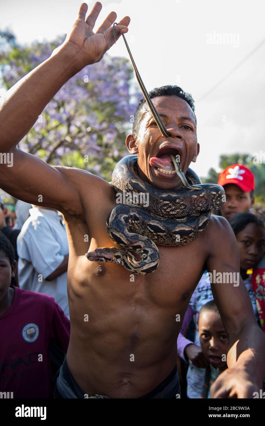 Africa, Madagascar, Antanananarivo, Tana. Street performers, man who ...