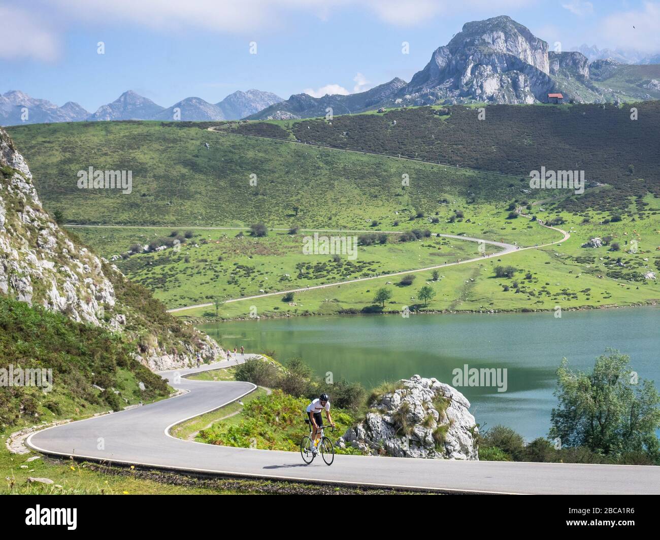 Road cycling in Asturias, northern Spain. Racing cyclist on steep ...