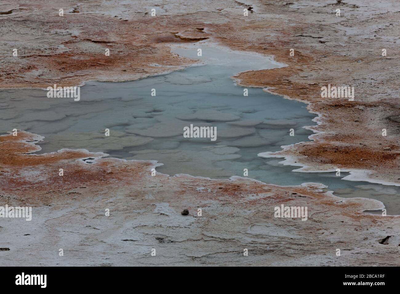 Geothermal pool with clear water and travertine and bacteria formations ...
