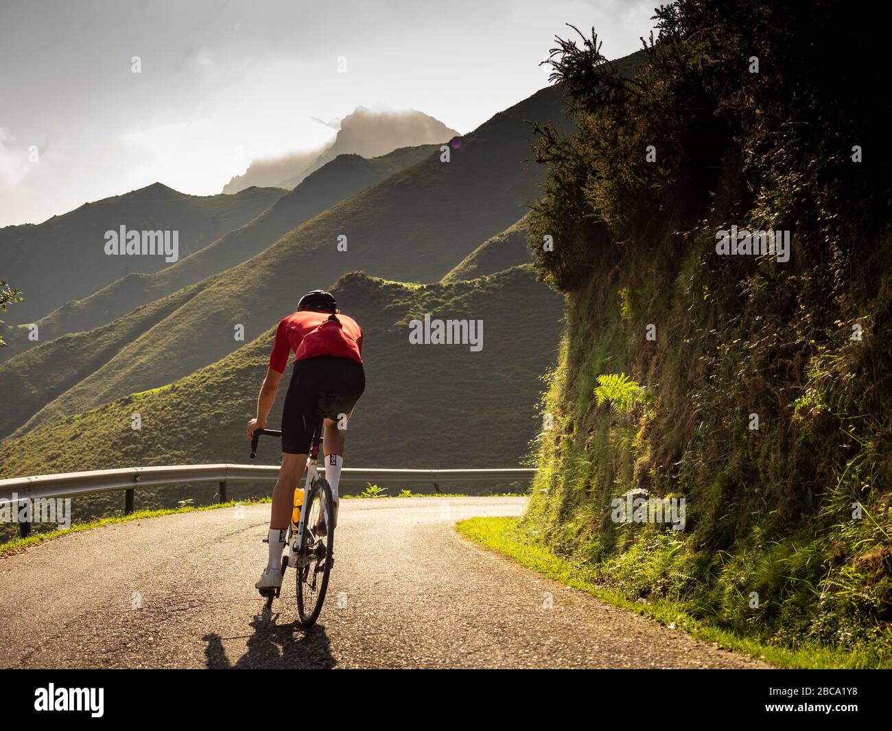 Road cycling in Asturias, northern Spain. Racing cyclist on mountain ...