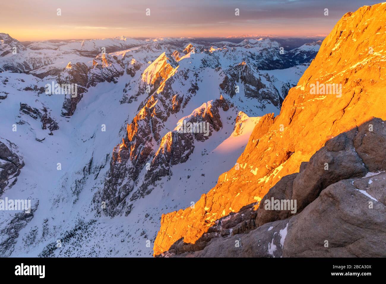 sunrise on the dolomites from the roof terrace of Punta Rocca, to the ...