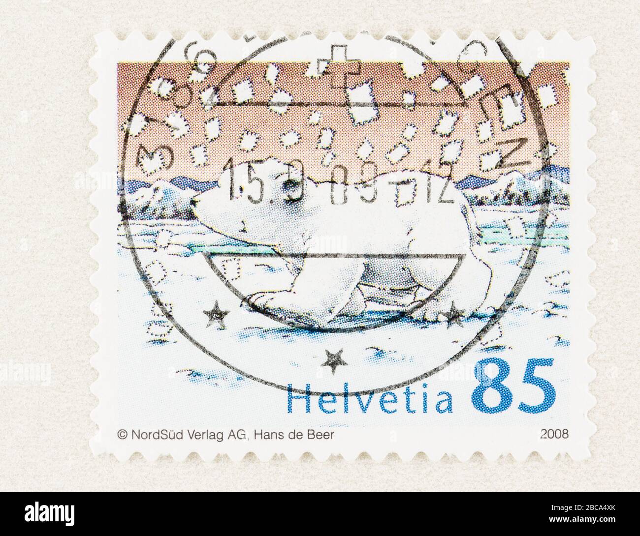 SEATTLE WASHINGTON - April 3, 2020: Close up of Swiss postage stamp ...