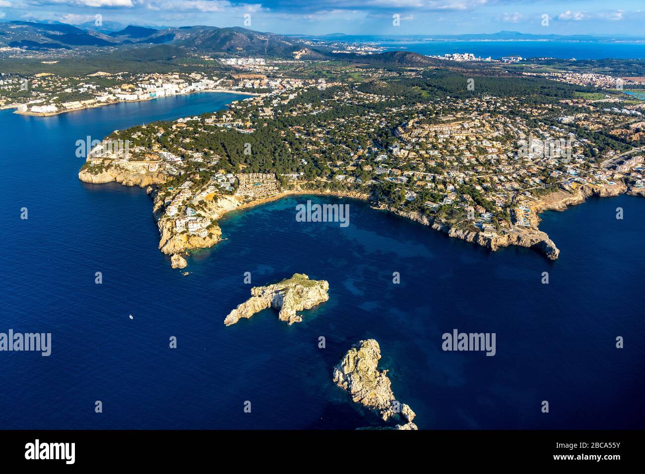Aerial view, town view of Santa Ponsa with headland, Illa Fiteni Island ...