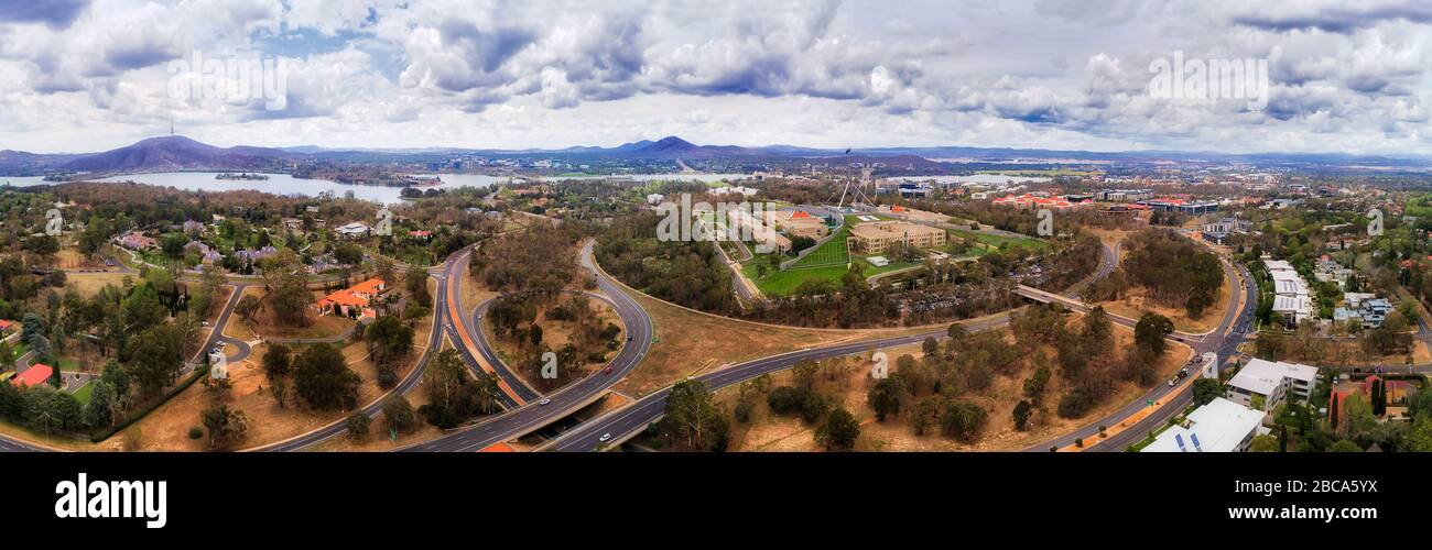 THe capitol hill with federal parliament house overlooking shores of Lake Burley Griffin in ...