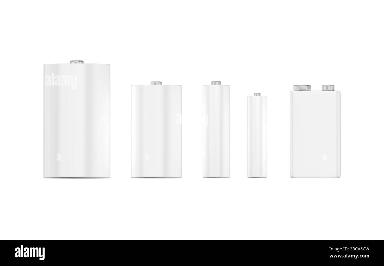 Batteries isolated on white background. Diffrent sizes and shapes. 3d ...