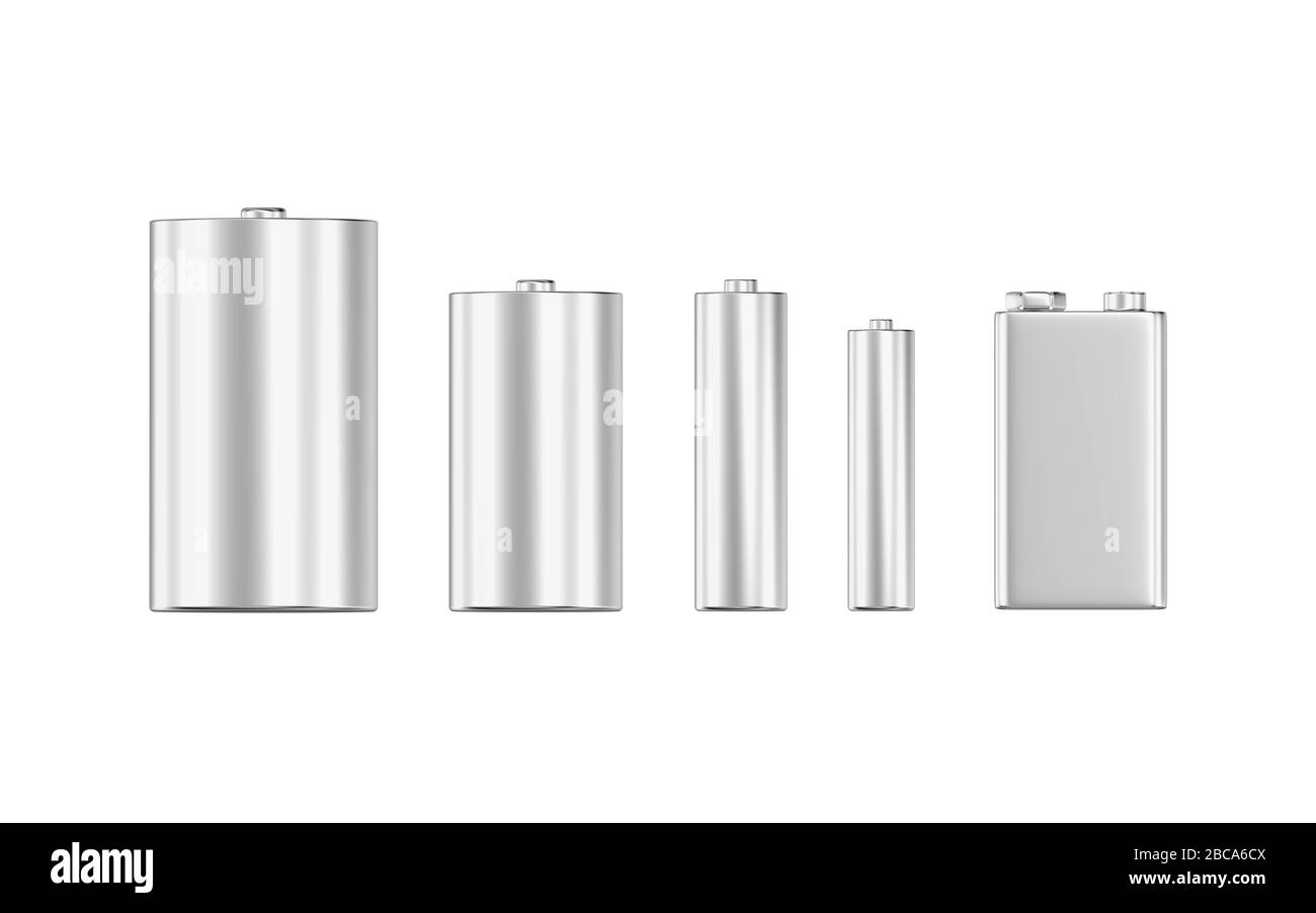Batteries isolated on white background. Diffrent sizes and shapes. 3d ...