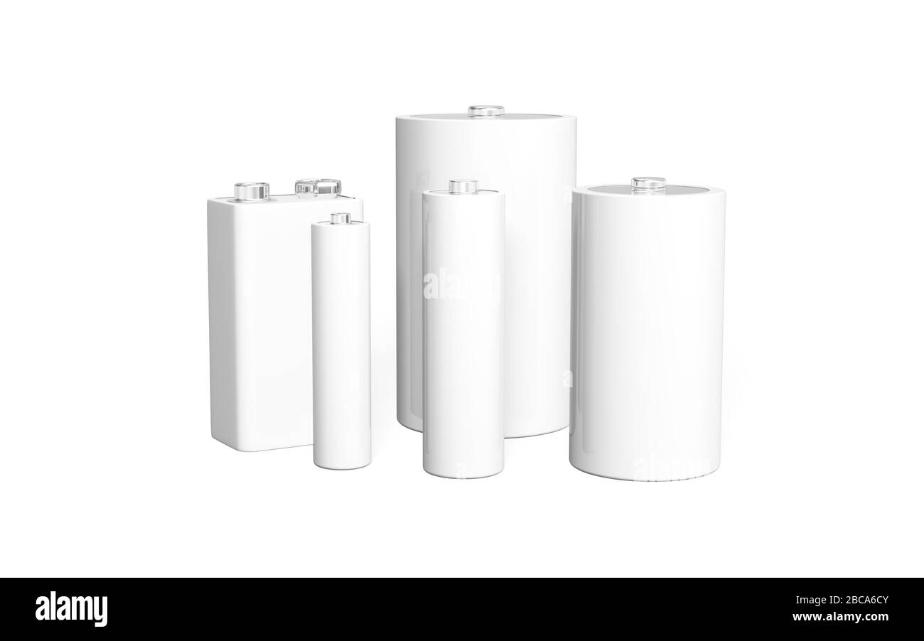 Batteries isolated on white background. Diffrent sizes and shapes. 3d ...