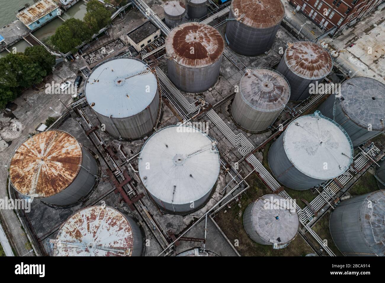 Aerial view of the pipelines and storage tanks Stock Photo - Alamy