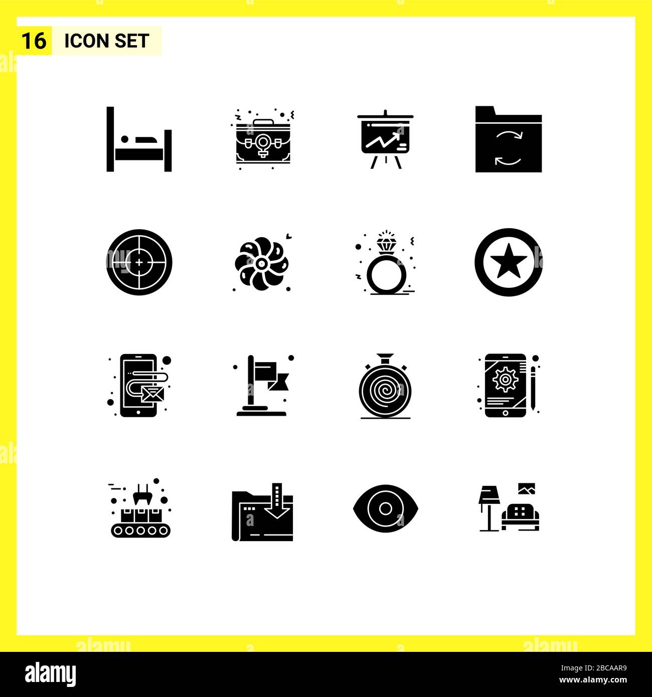 Solid Glyph Pack of 16 Universal Symbols of badge, sync, portfolio ...