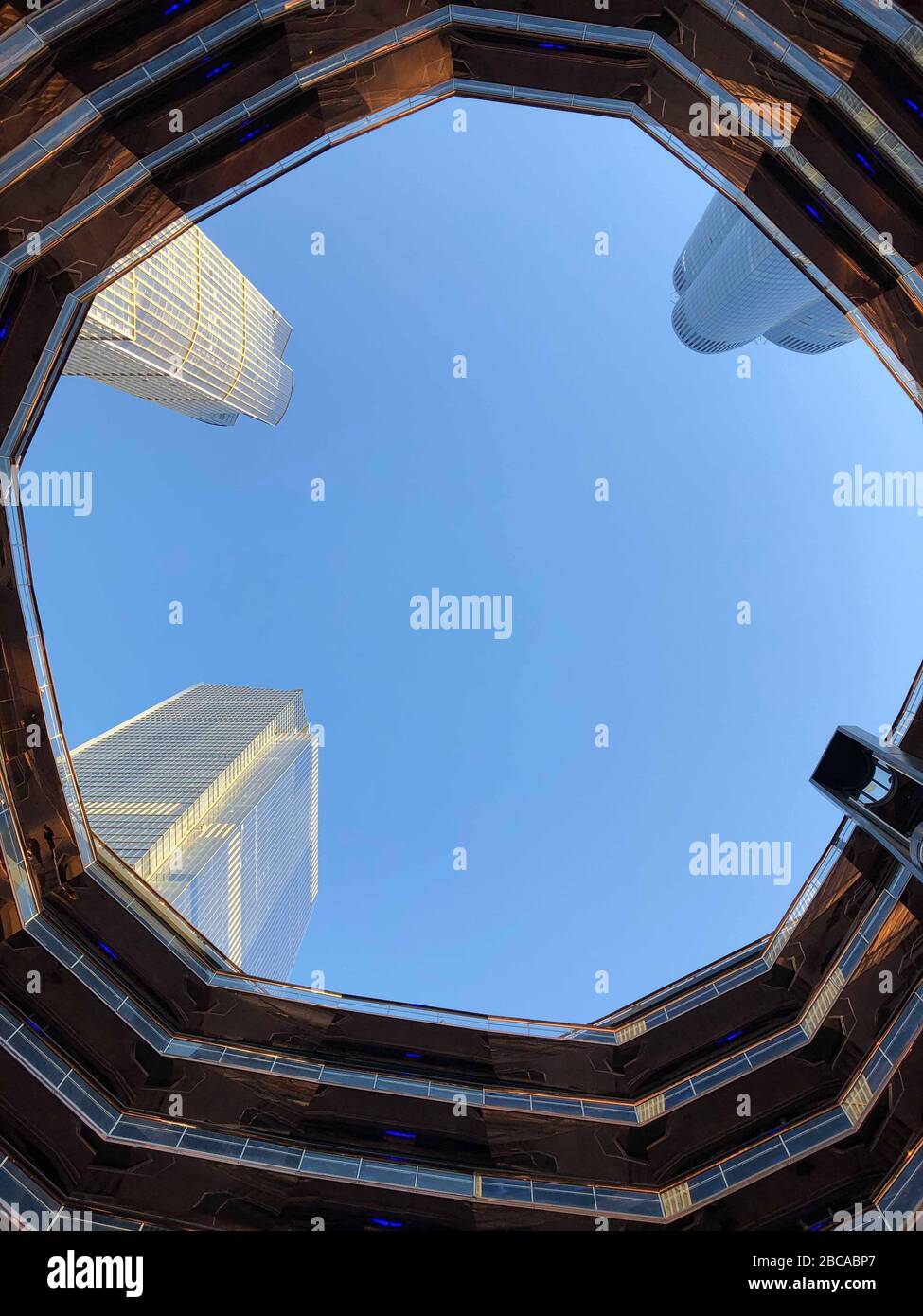View through "Vessel", the extraordinary centerpiece of Hudson Yards is its spiral staircase, a ...
