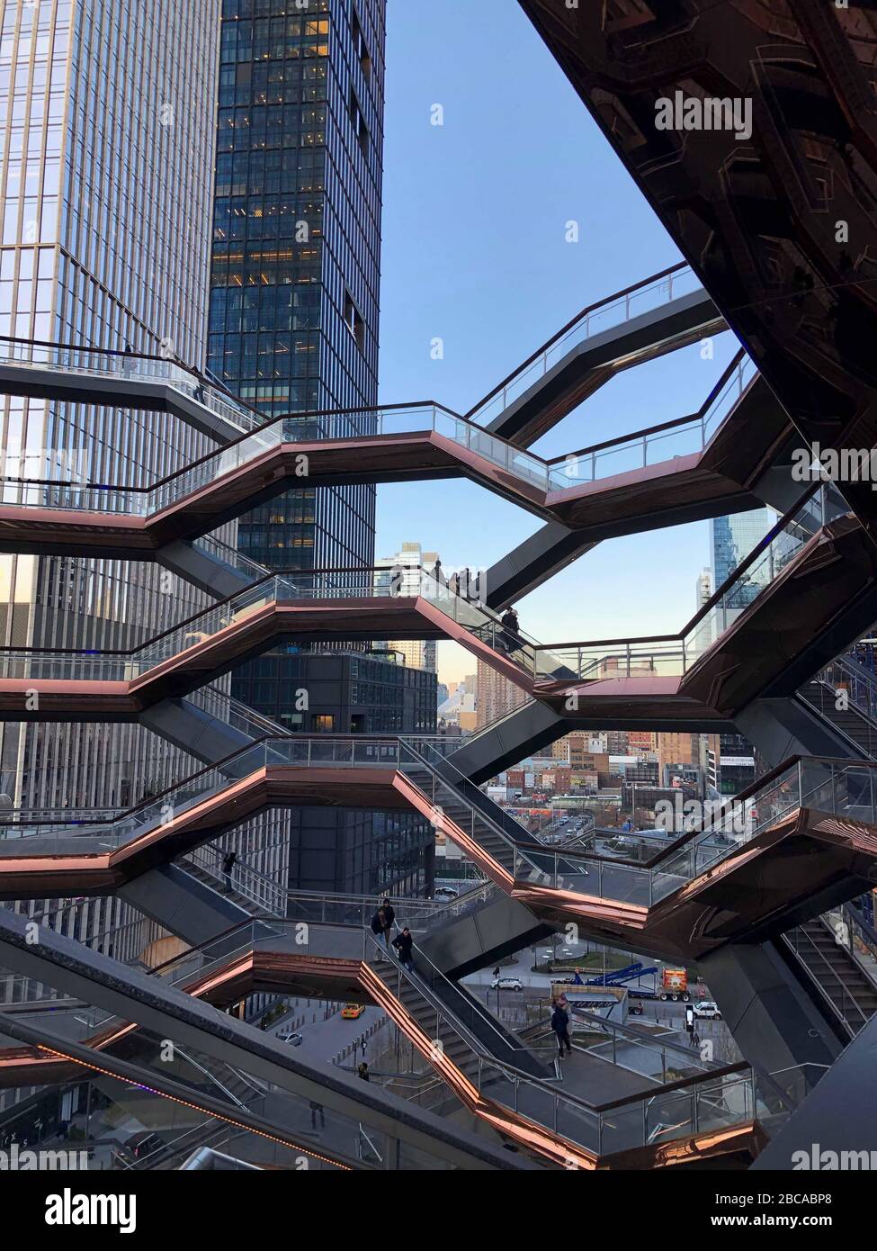 View through "Vessel", the extraordinary centerpiece of Hudson Yards is its spiral staircase, a ...