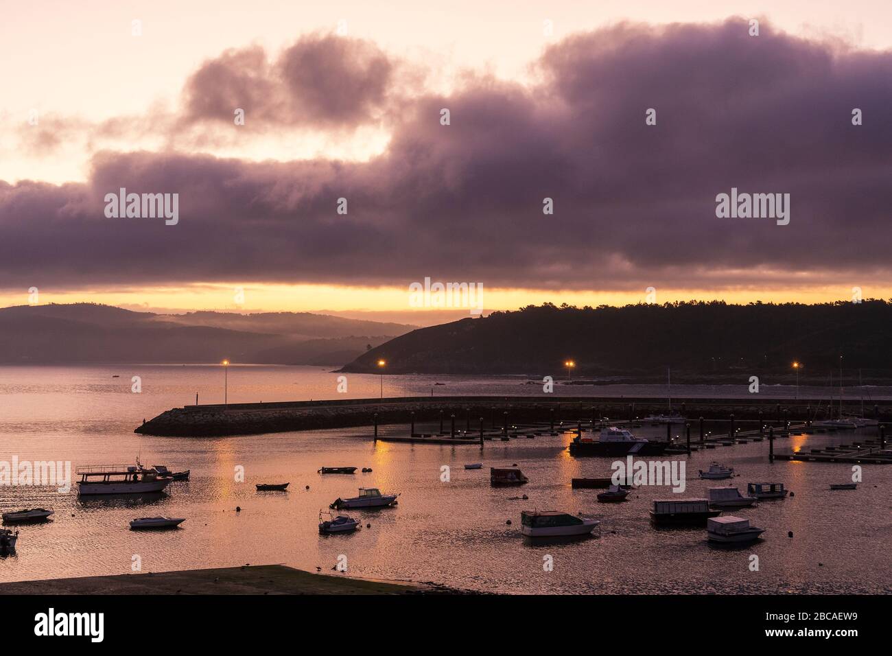 Spain, north coast, Galicia, Costa da Morte, Muxia, harbor, morning ...