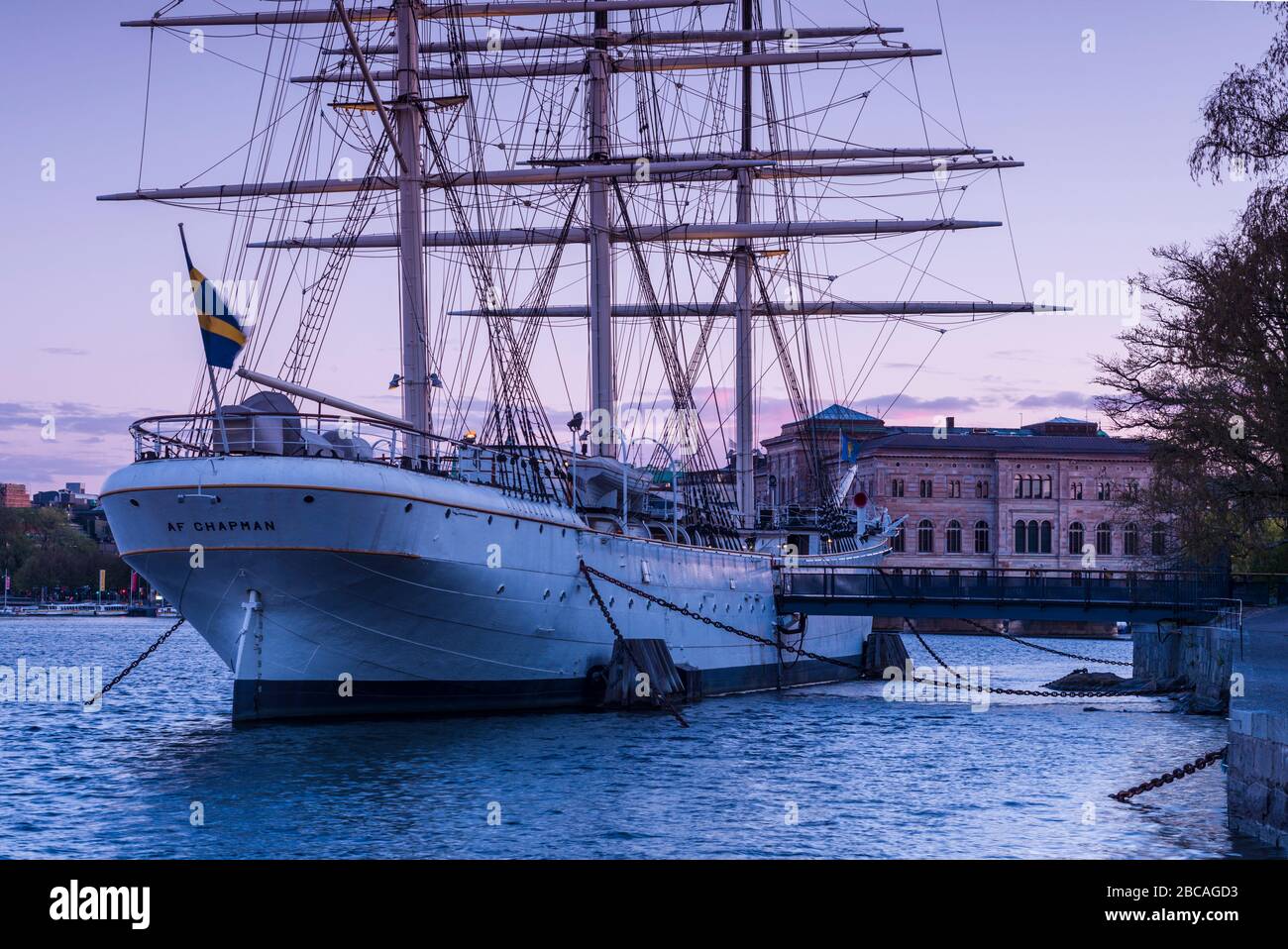 Sweden, Stockholm, Gamla Stan, Old Town, sailing ship Chapman, dawn ...