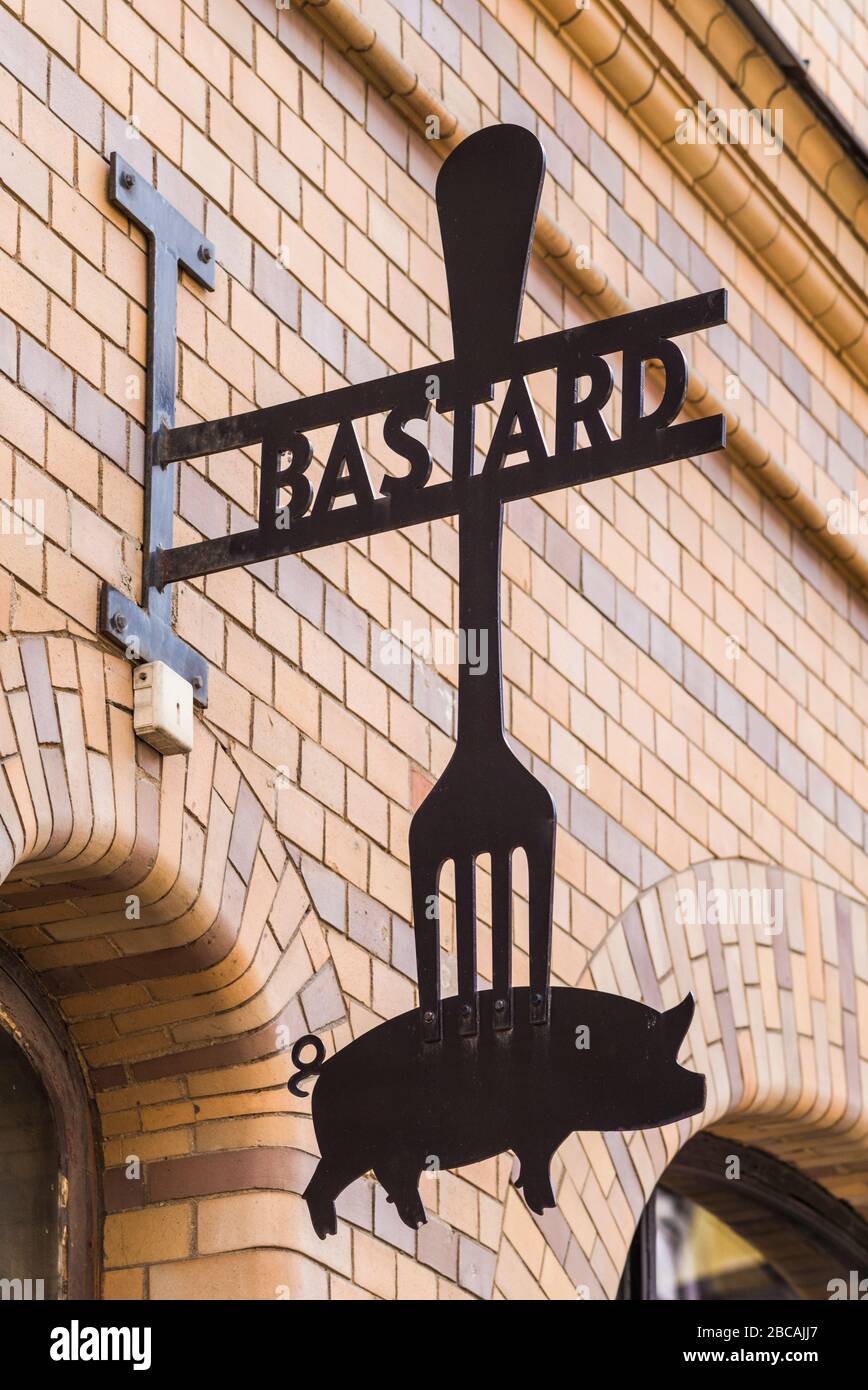 Sweden, Scania, Malmo, Lilla Torg square area, sign for the Bastard ...