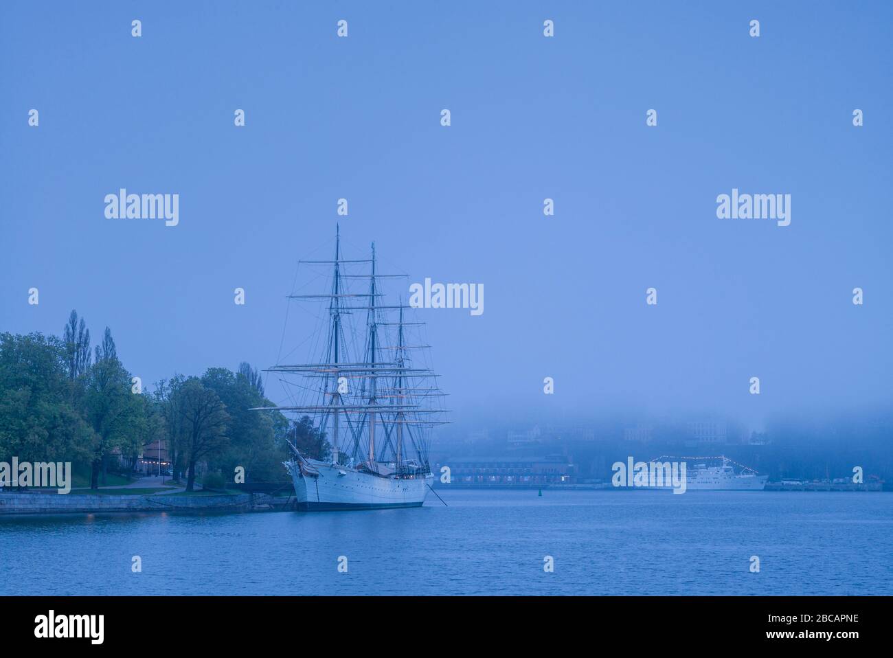 Sweden, Stockholm, Gamla Stan, Old Town, sailing ship Chapman, fog ...