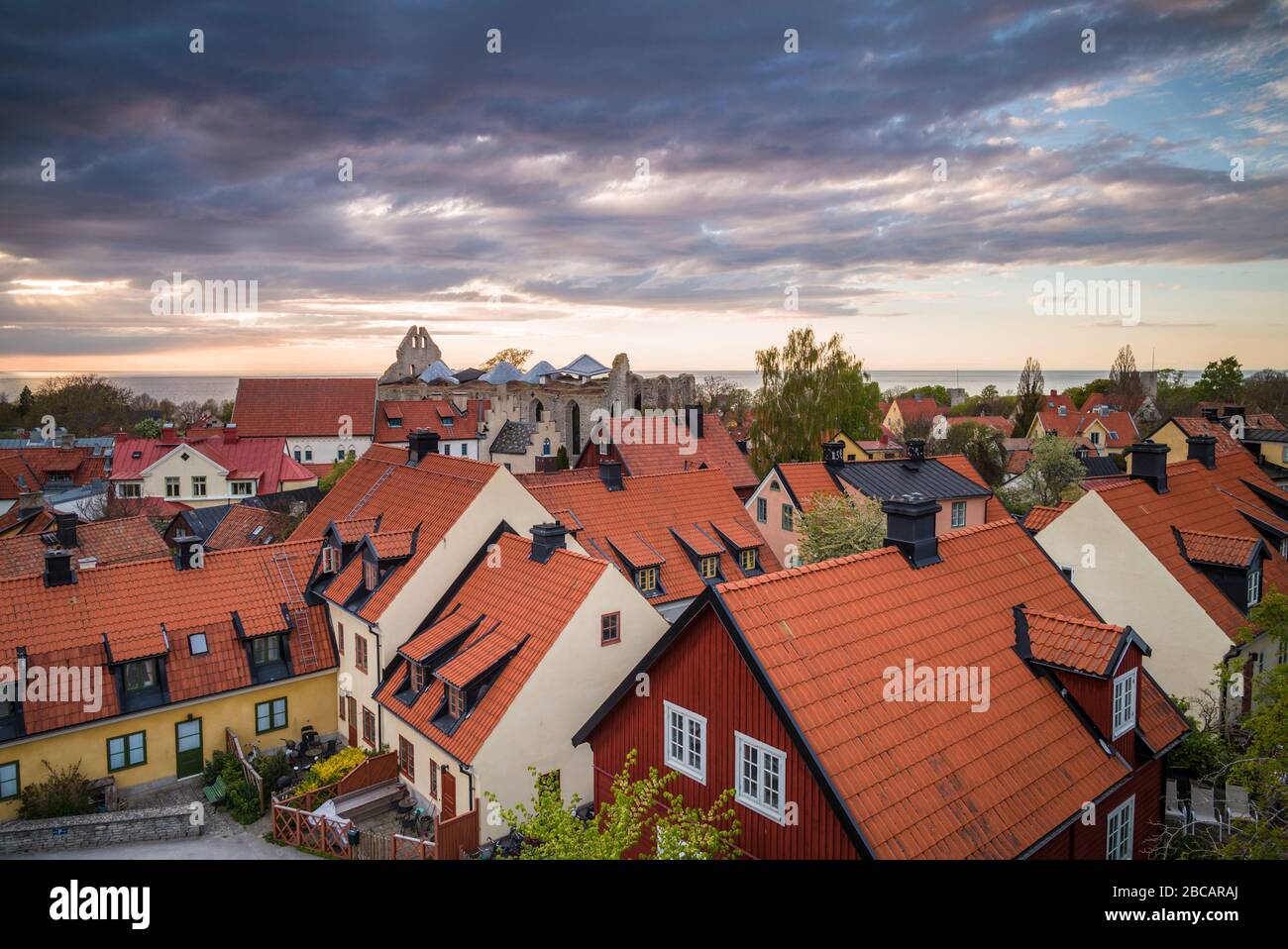 Sweden, Gotland Island, Visby, high angle city view, dusk Stock Photo ...