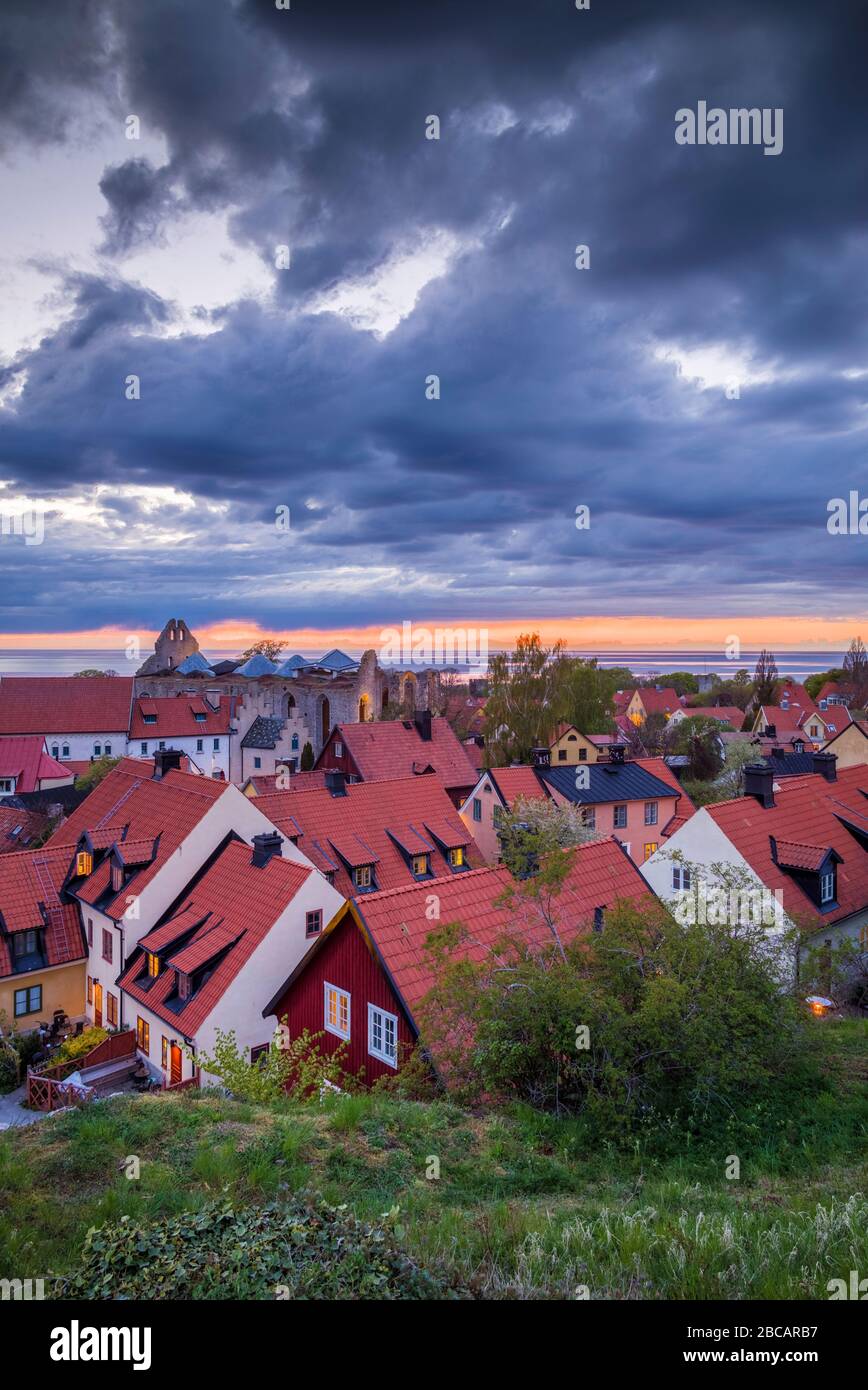 Sweden, Gotland Island, Visby, high angle city view, dusk Stock Photo ...