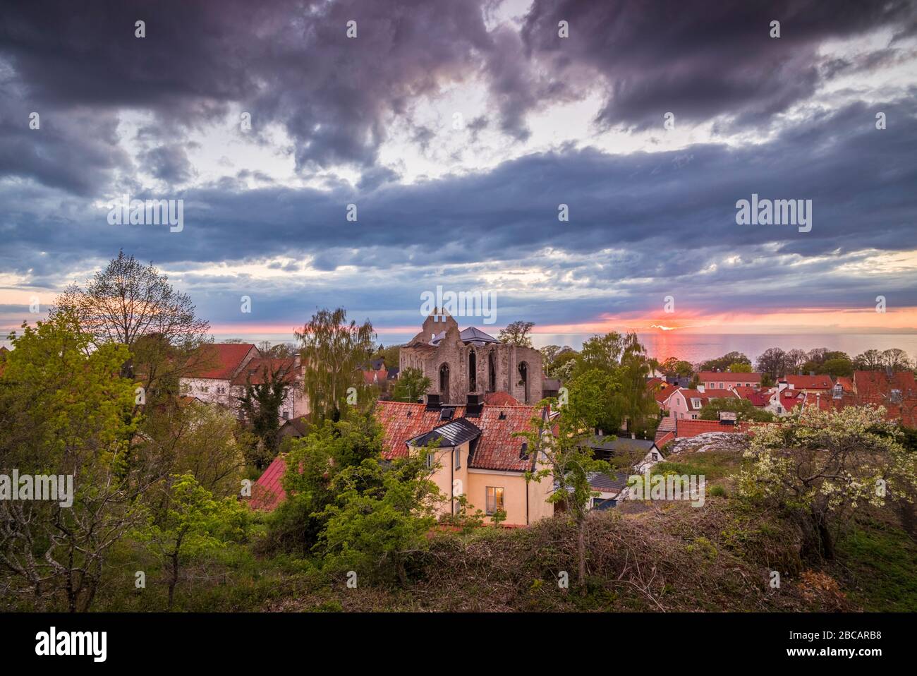 Sweden, Gotland Island, Visby, high angle city view, dusk Stock Photo ...