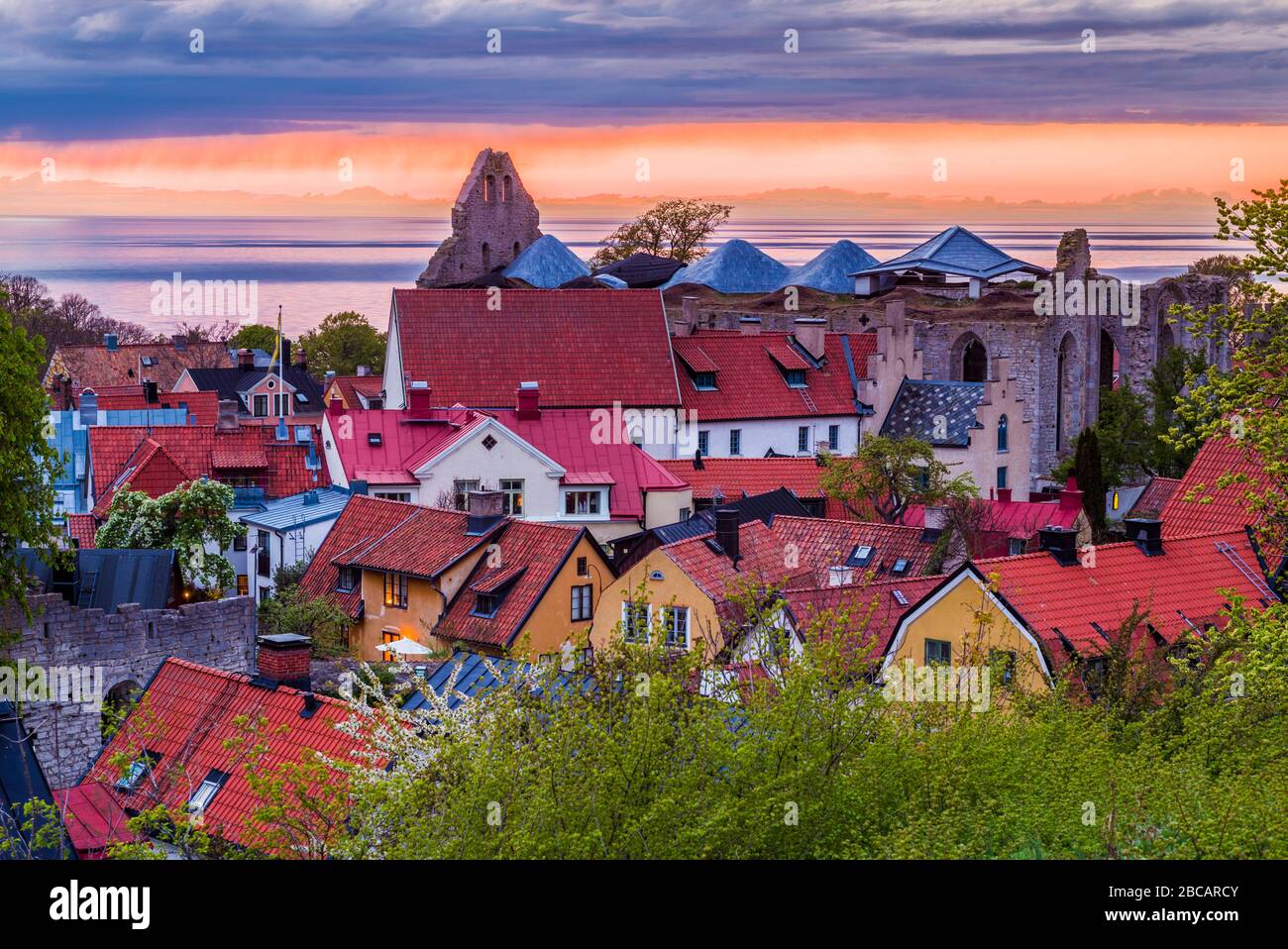 Sweden, Gotland Island, Visby, high angle city view, dusk Stock Photo ...