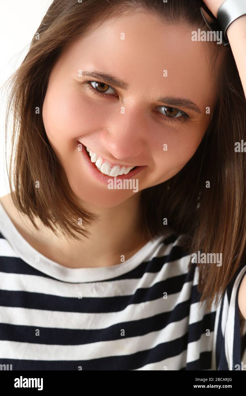 Fashion model woman face large portrait on a gray background Stock ...